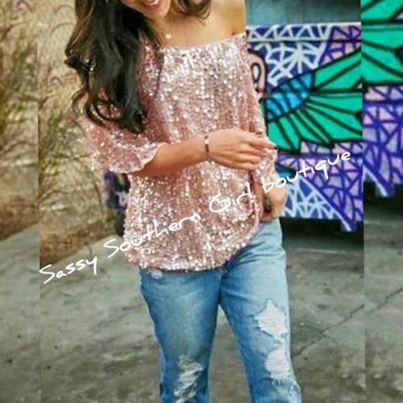 Sassy Southern Girl Boutique | Tops | Rose Gold Sequin Off Shoulder Top ...